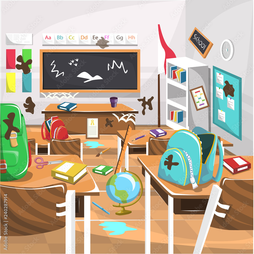 Dirty High School Classroom with Chalk Green Board, brown Study Table ...