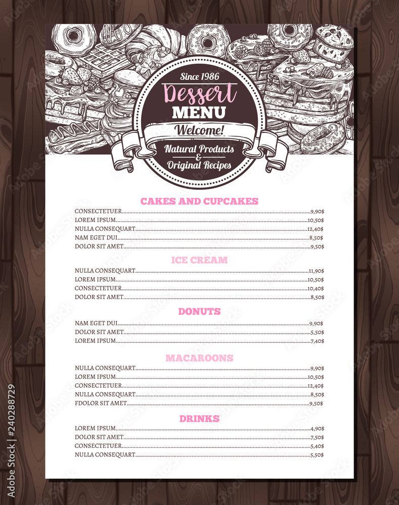 Dessert vector menu with sketch collection of desserts and sweet bakery ...