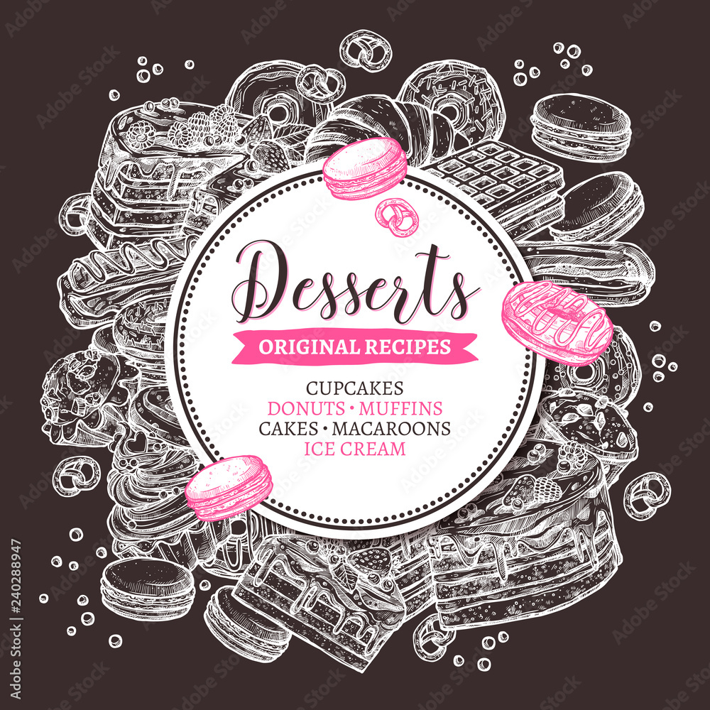 Round vector poster with sweets desserts bakery collection. Banner on ...