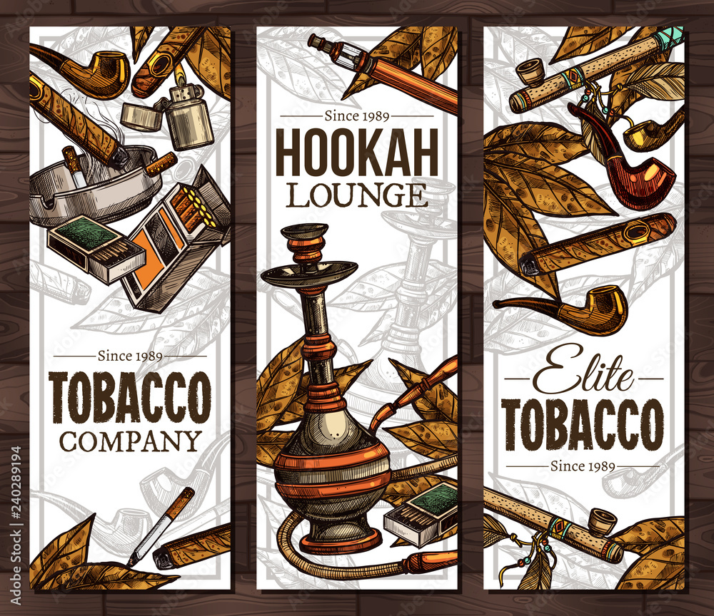 Templates with color sketch cigarettes, cigars, hookah, tobacco leaves ...