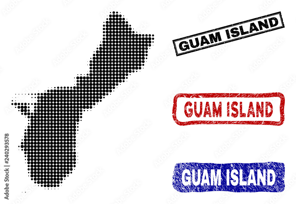 Halftone dot vector abstracted Guam Island map and isolated black, red ...