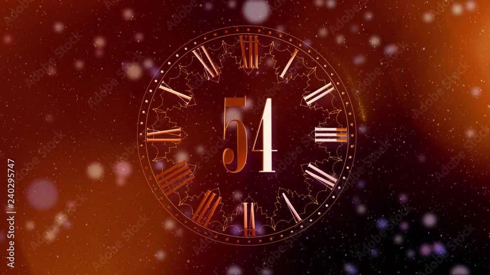New Year countdown. 2D animation counting minutes on a clock. Red color ...
