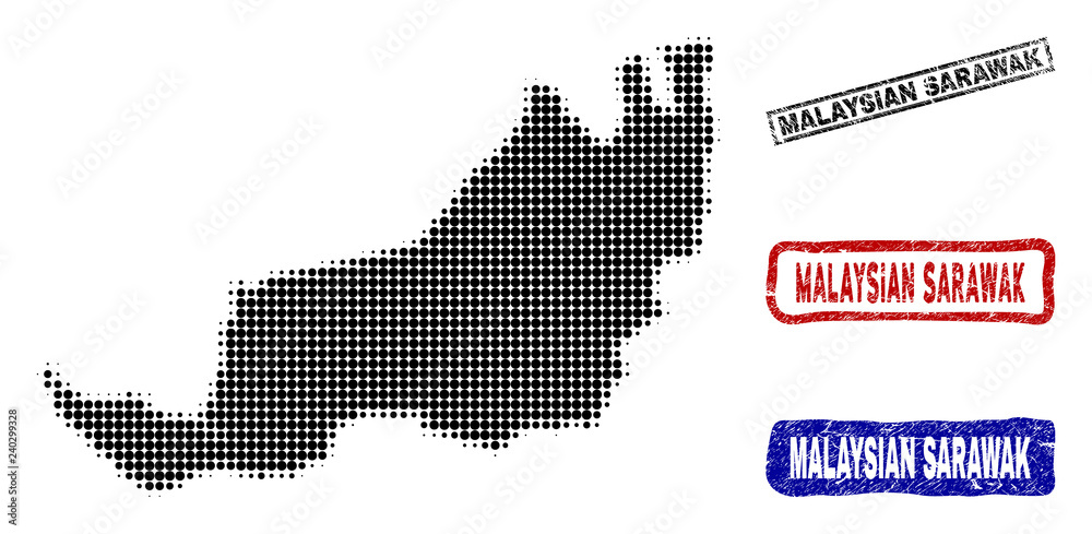 Halftone dot vector abstract Malaysian Sarawak map and isolated black ...