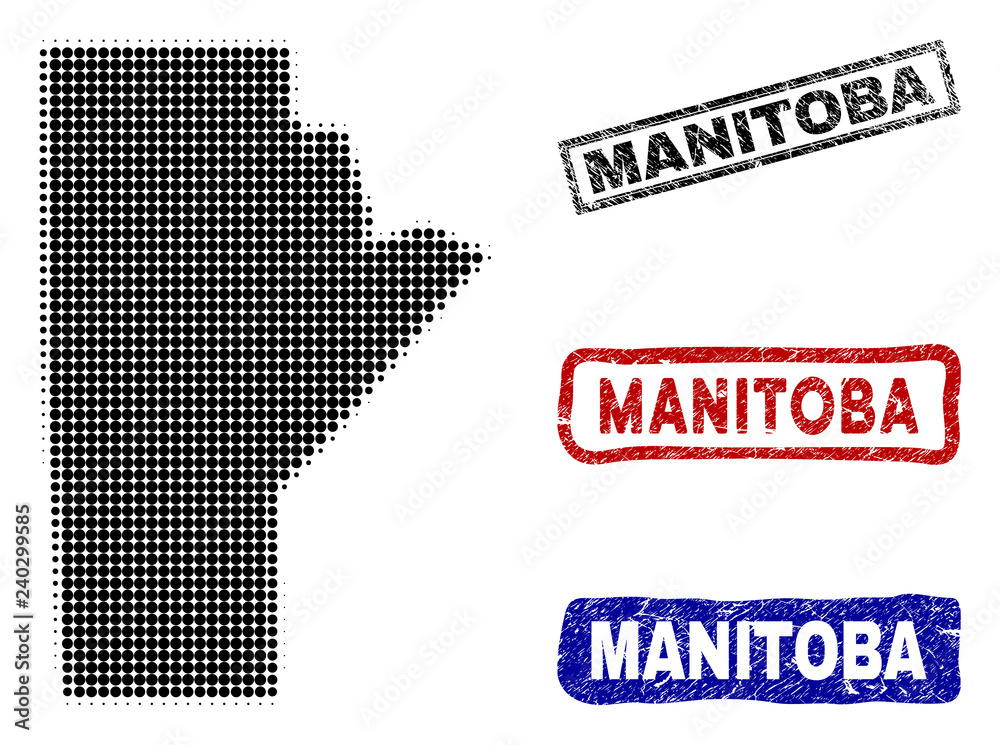 Halftone vector dot abstract Manitoba Province map and isolated black ...