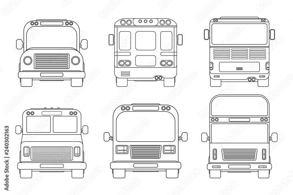 Set of various city bus. Front and back view. Outline vector ...