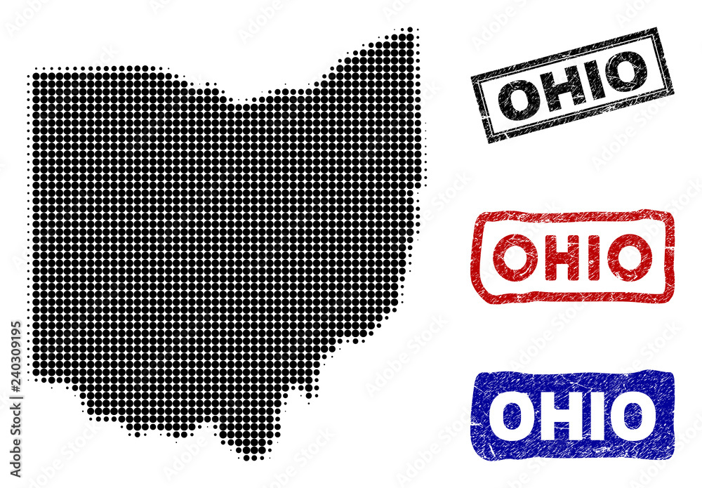 Halftone dot vector abstracted Ohio State map and isolated black, red ...
