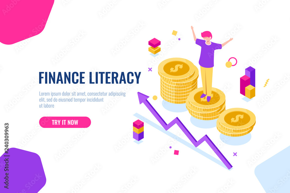 Financial literacy isometric, money accounting, economic illustration ...