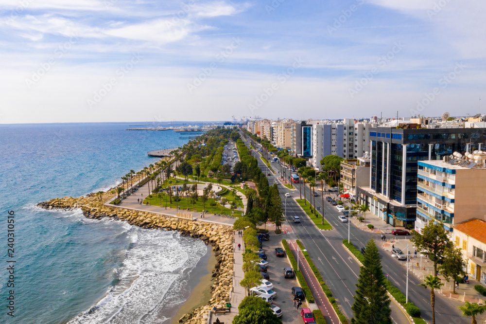 Aerial view of Molos Promenade park on coast of Limassol city centre ...