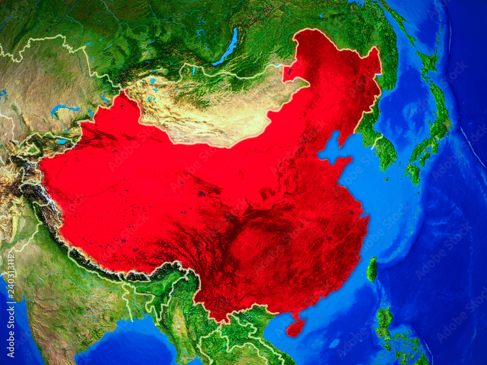 China from space on model of planet Earth with country borders and very ...