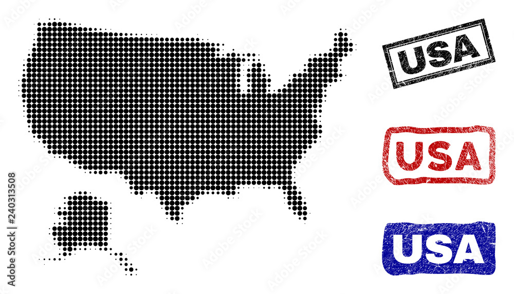 Halftone vector dot abstract USA and Alaska map and isolated black, red ...