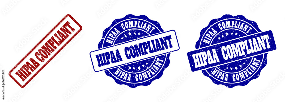 HIPAA COMPLIANT scratched stamp seals in red and blue colors. Vector ...