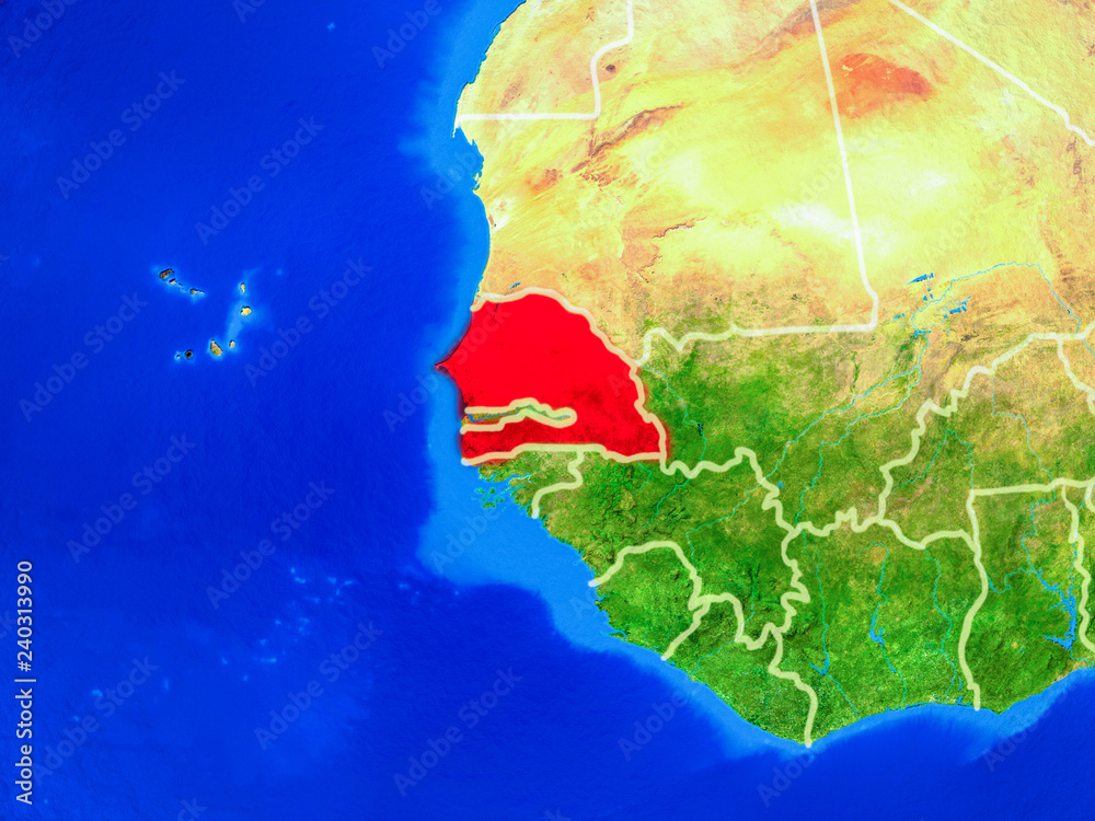 Senegal from space on model of planet Earth with country borders and ...