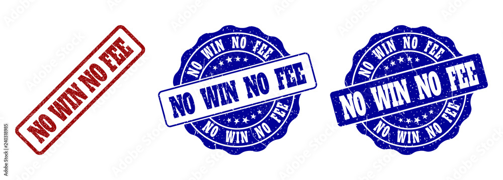 NO WIN NO FEE grunge stamp seals in red and blue colors. Vector NO WIN NO FEE marks with draft ...