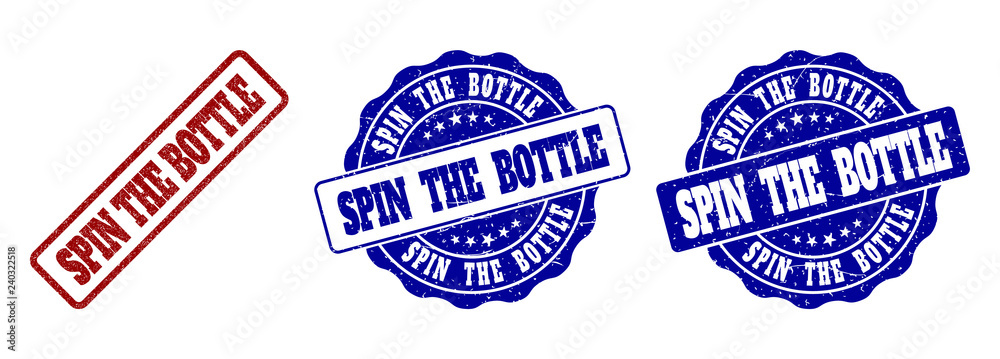 SPIN THE BOTTLE scratched stamp seals in red and blue colors. Vector ...