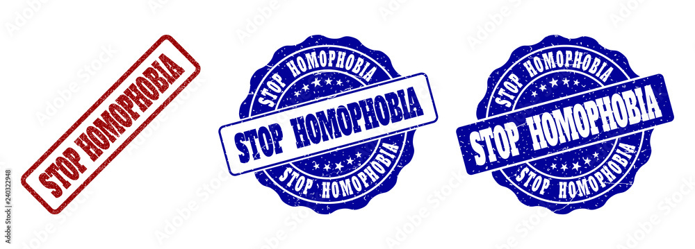 STOP HOMOPHOBIA scratched stamp seals in red and blue colors. Vector ...