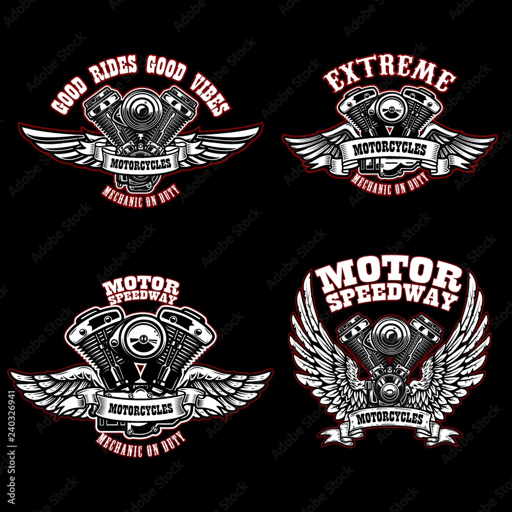 Set of biker emblem templates with winged motorcycle engines. Design ...