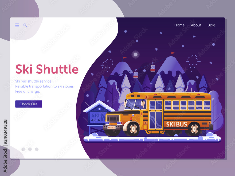Ski resort landing page template with yellow shuttle bus, snowy peaks ...