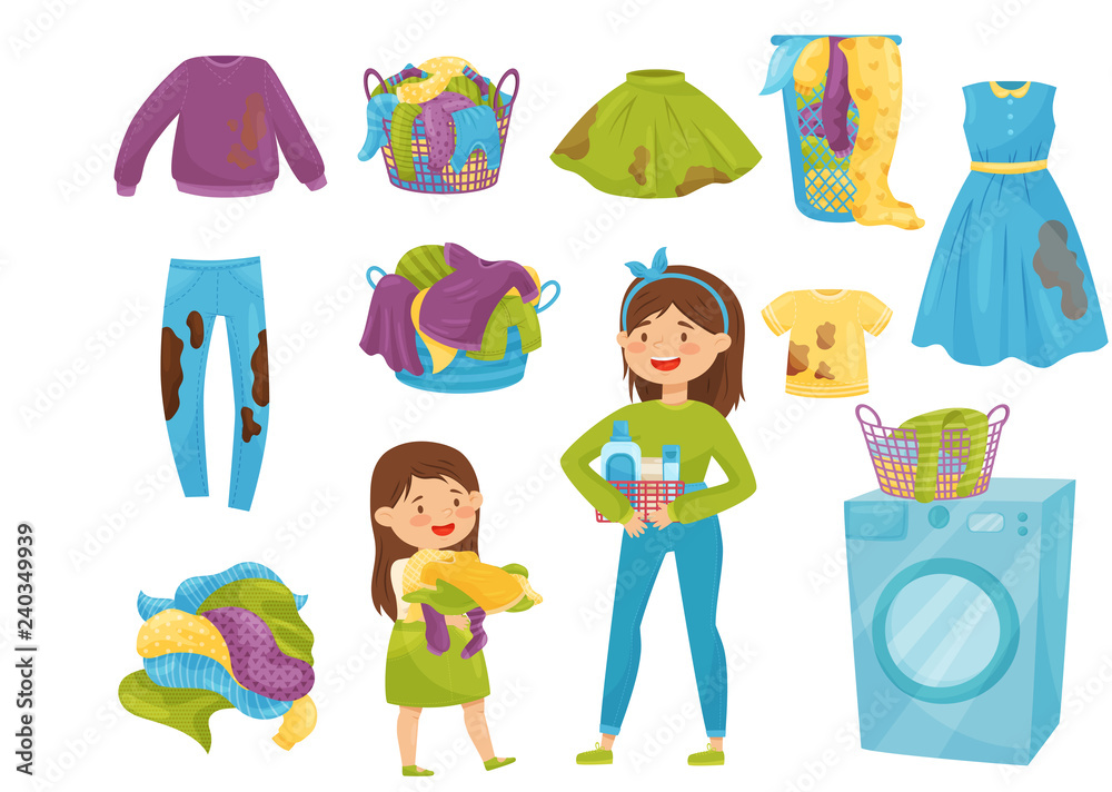 Flat vector set of laundry icons. Baskets with dirty clothes. Washing ...