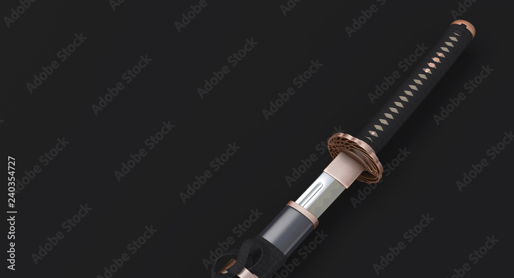 Japanese sword Katana closeup handle and tsuba - open sheath isolated ...