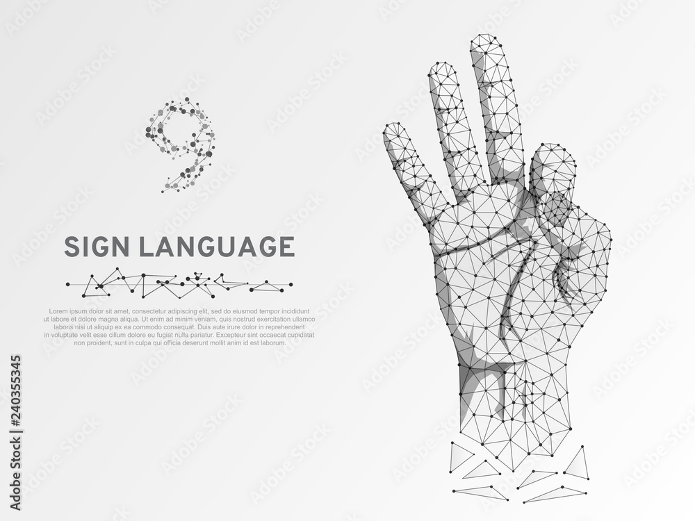 Origami style Sign language number nine, fillip, flick, finger kick, ok ...