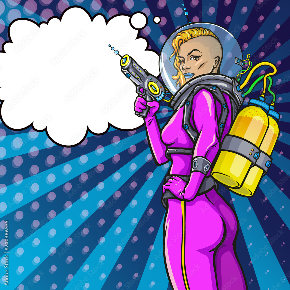 Retro futuristic female astronaut. Vector illustration of beautiful ...