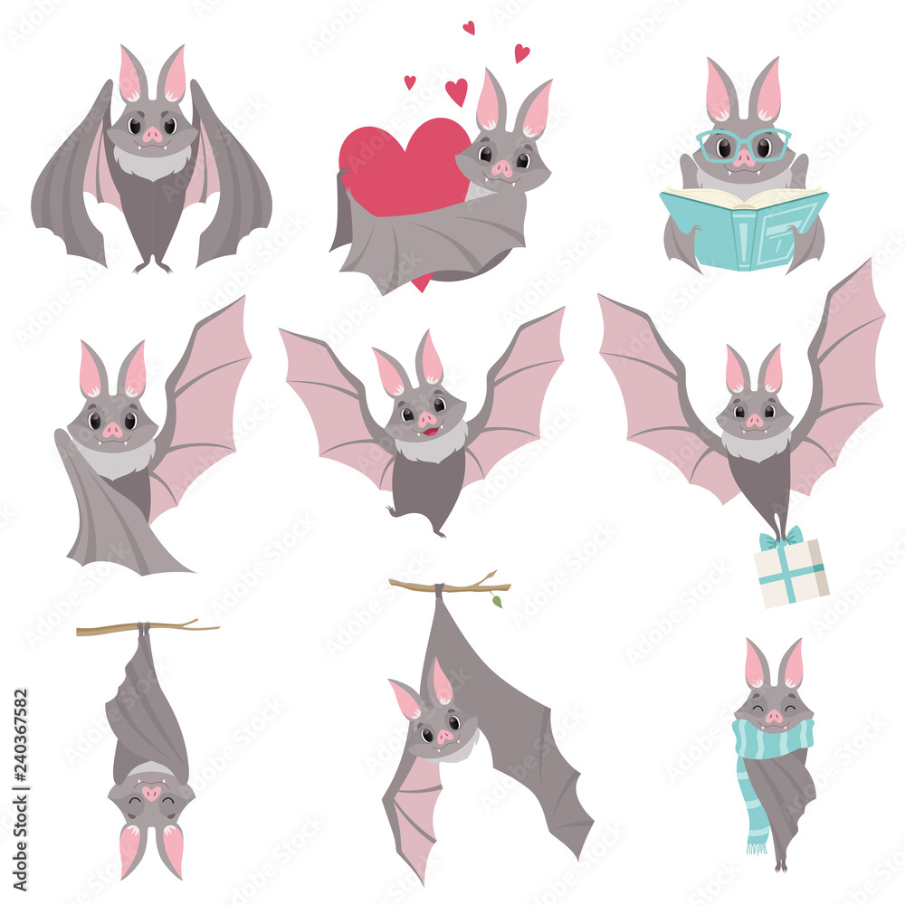 Collection of funny gray bats, cute creature cartoon characters in ...