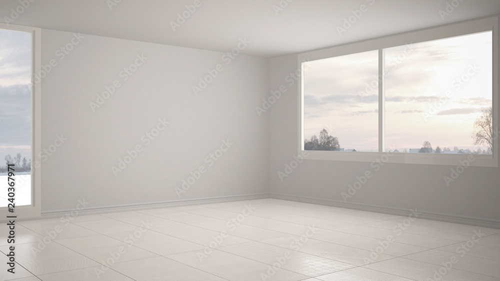 Empty room interior design, open space with big panoramic window on ...