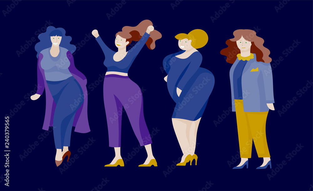 Plus size women dressed in stylish clothing. Set of curvy girls wearing ...