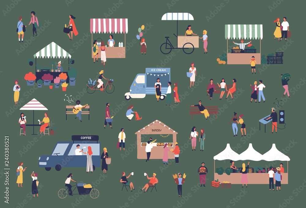 Outdoor fair, market or street food festival. Men and women walking ...