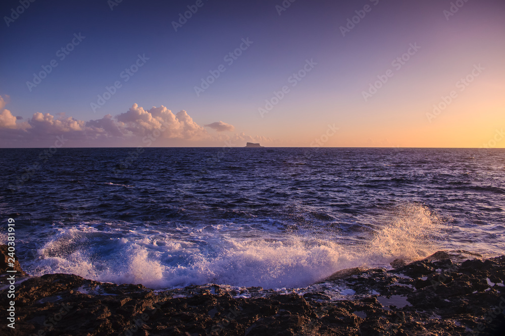 Malta, Blue Grotto.The most beautiful maltese sunset. Waves hitting the ...