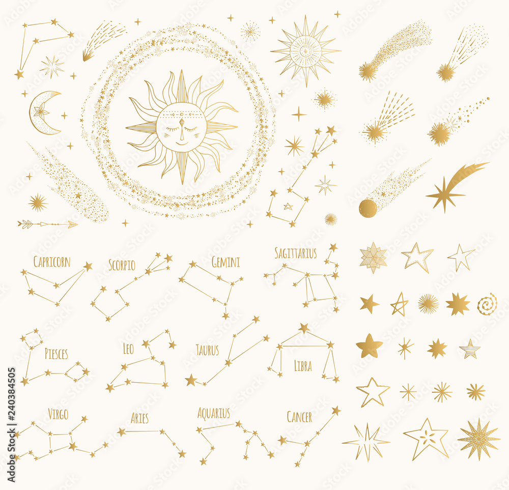 Set of golden space design elements. Zodiac signs. sun, moon, stars ...