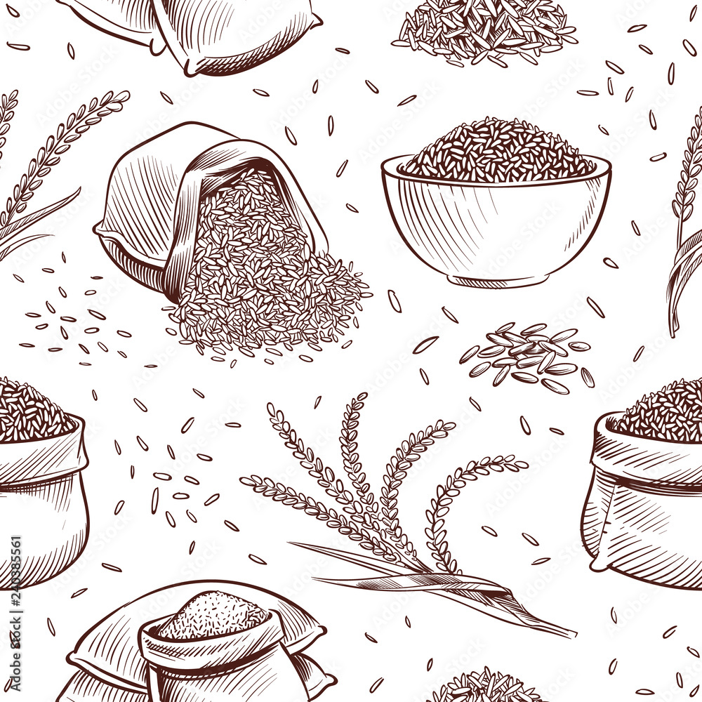Rice seamless pattern. Hand drawn bowl with rice grains and paddy ears ...