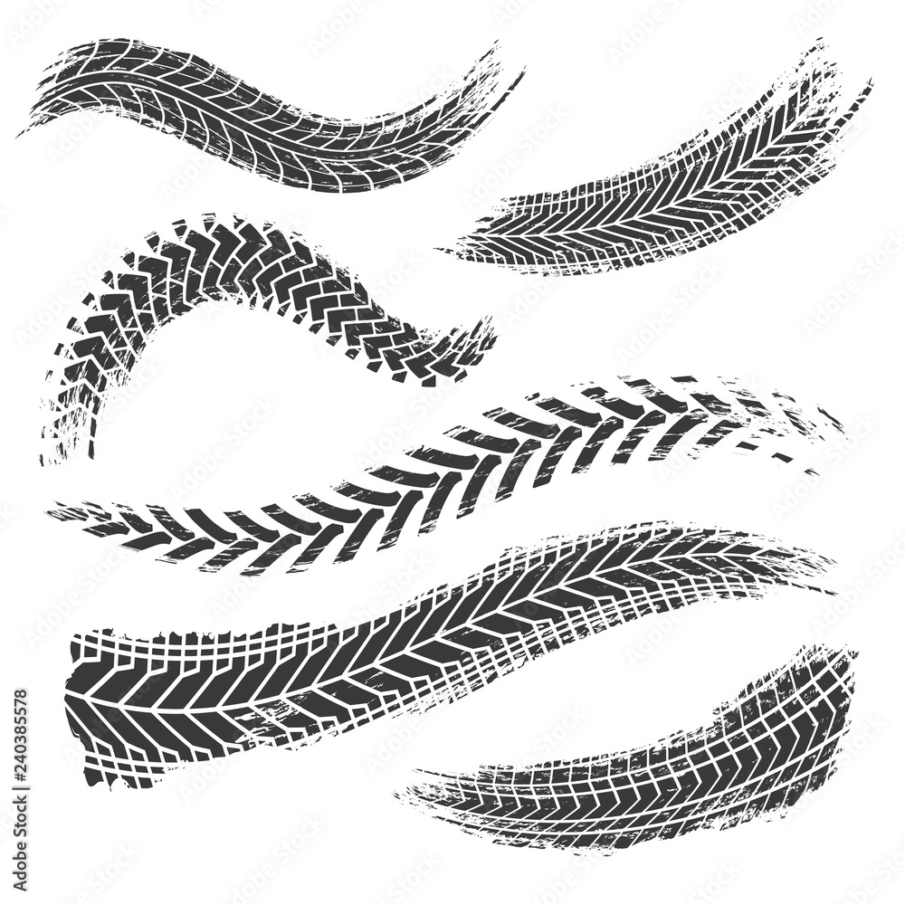 Tire tread tracks. Car, motorcycle and bicycle mark prints. Rally bike ...