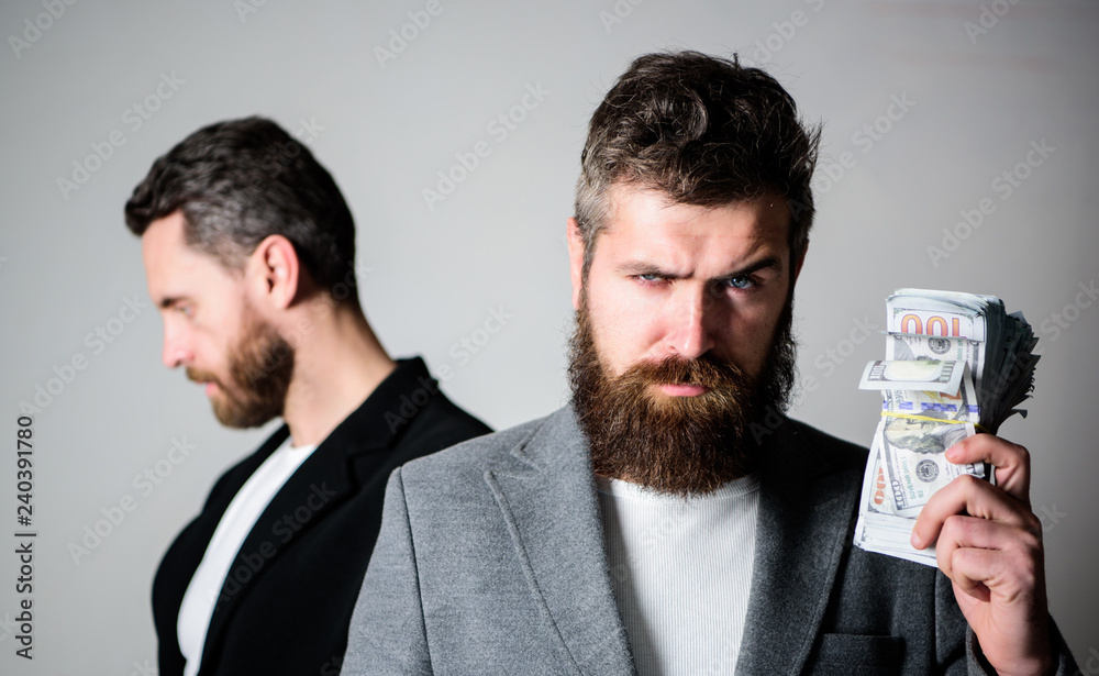 Man bearded fraudster hold cash money while victim stand sad background ...