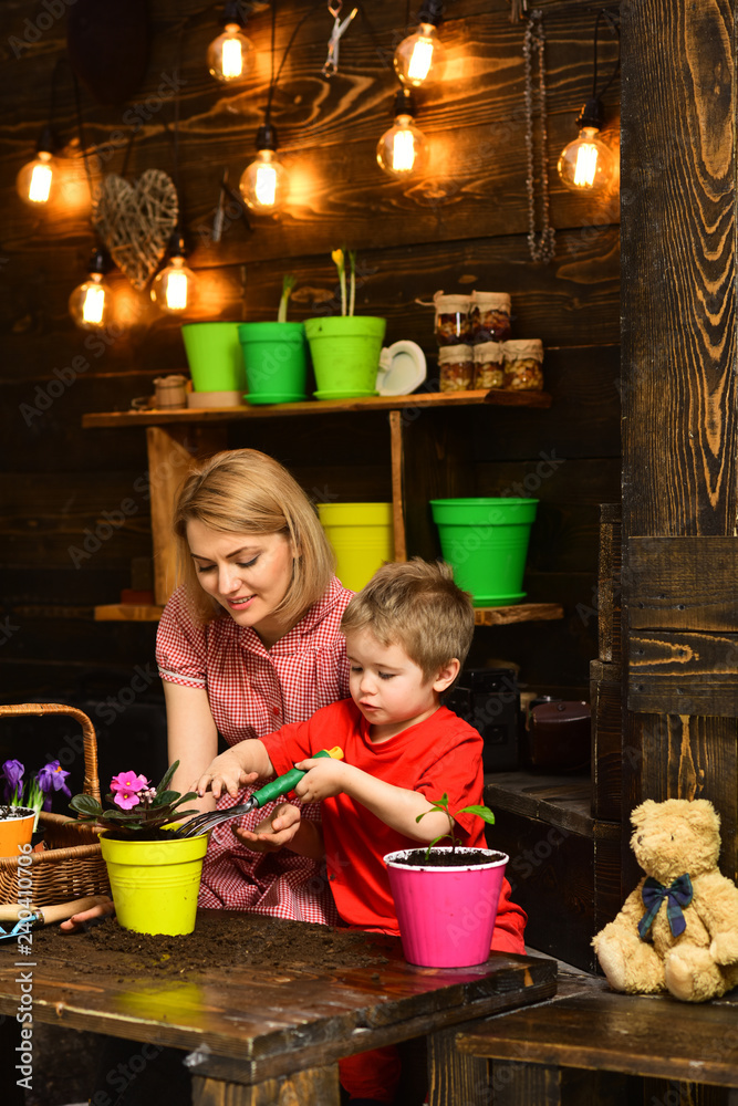 Sprout concept. Mother and son replant flower sprout in new pot. Mother ...