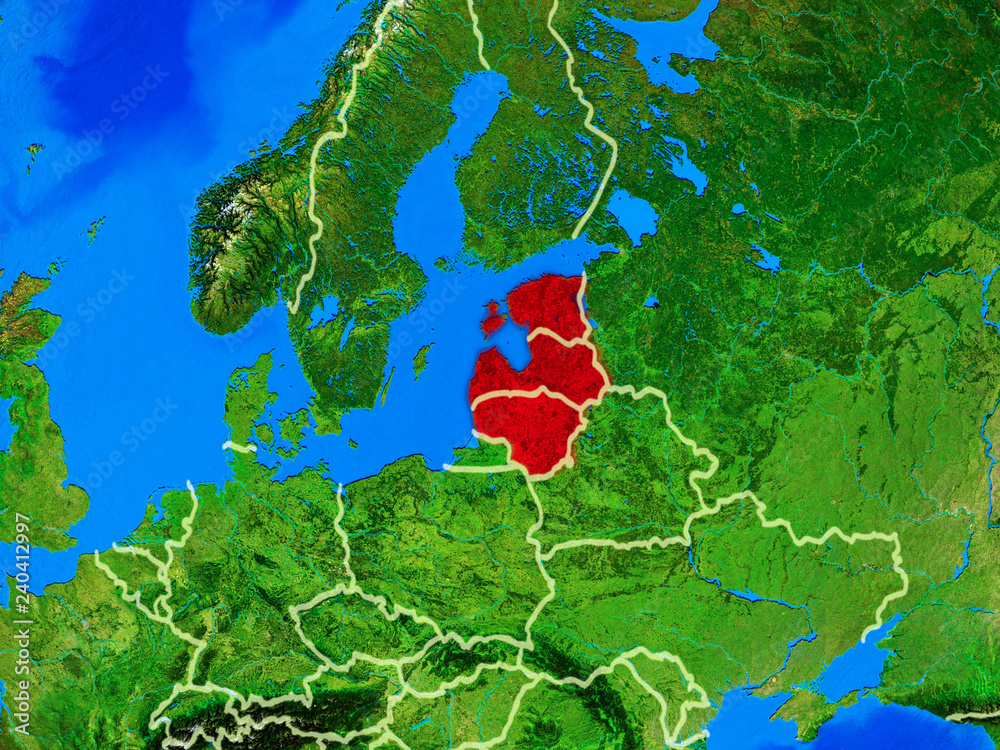 Baltic States from space on model of planet Earth with country borders ...
