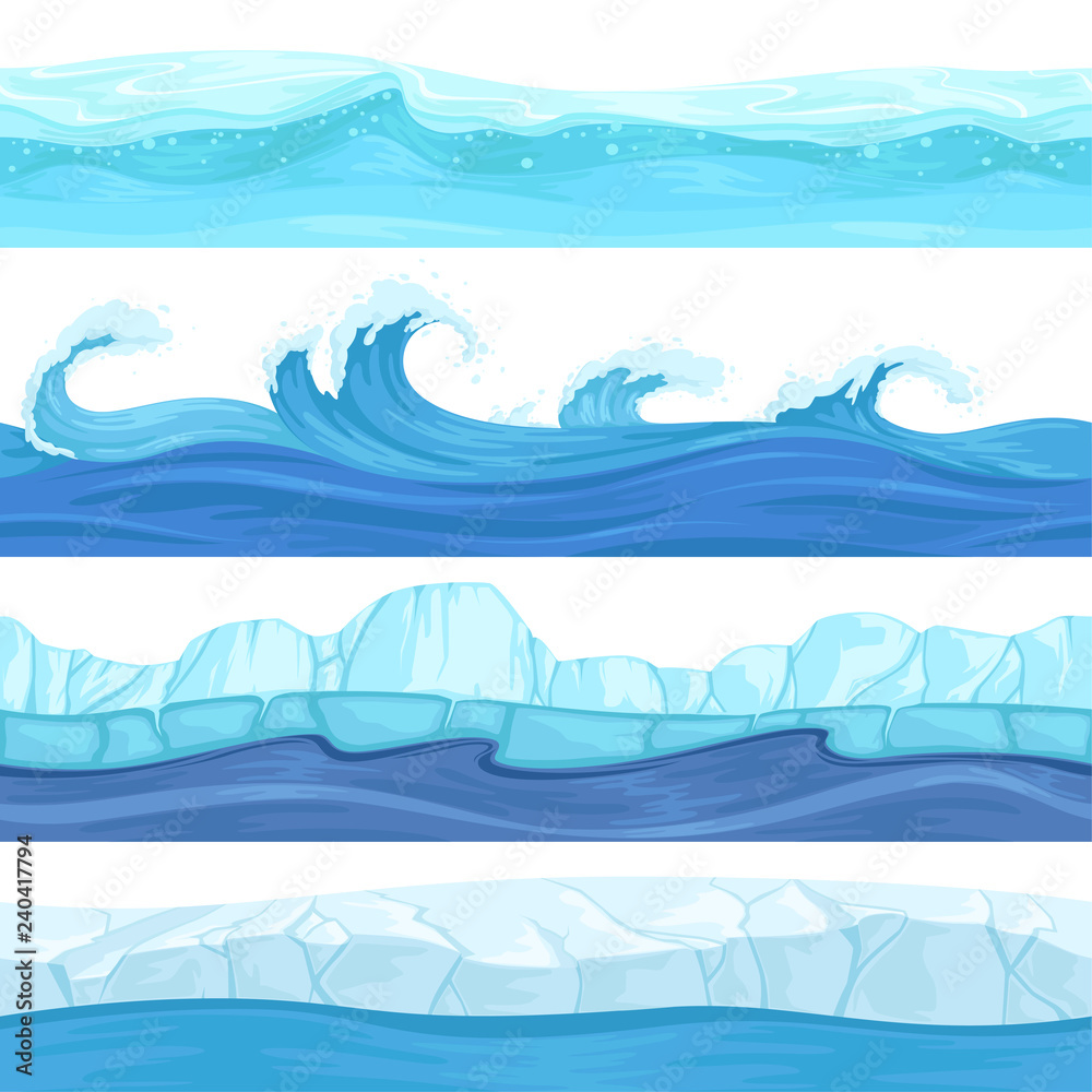 Seamless water waves. Liquid and ice surface ocean and river texture ...