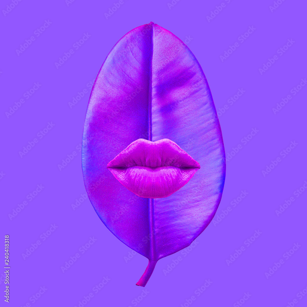 Contemporary art collage. Purple leaf with human lips. Visual colours ...