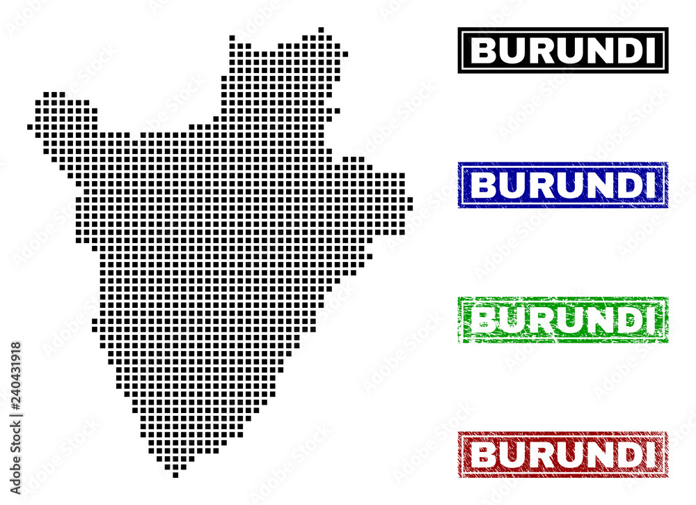 Vector dot abstract Burundi map and isolated clean black, grunge red ...