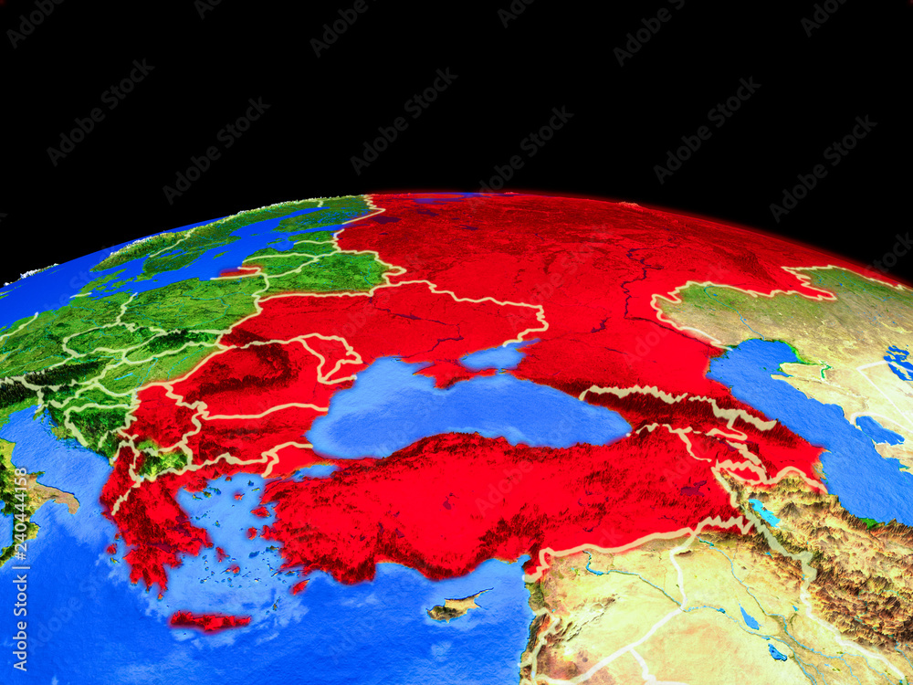 BSEC countries on model of planet Earth with country borders and very ...