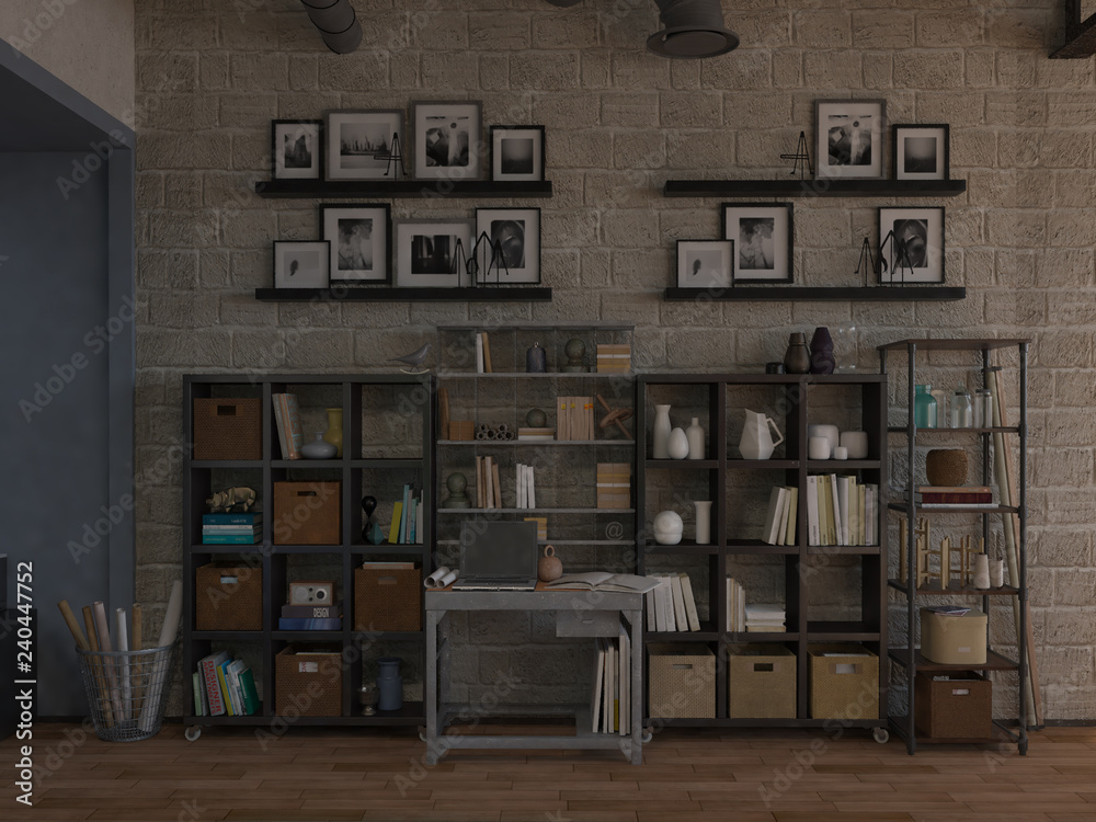 Work table or design workbench in an office interior with a large ...