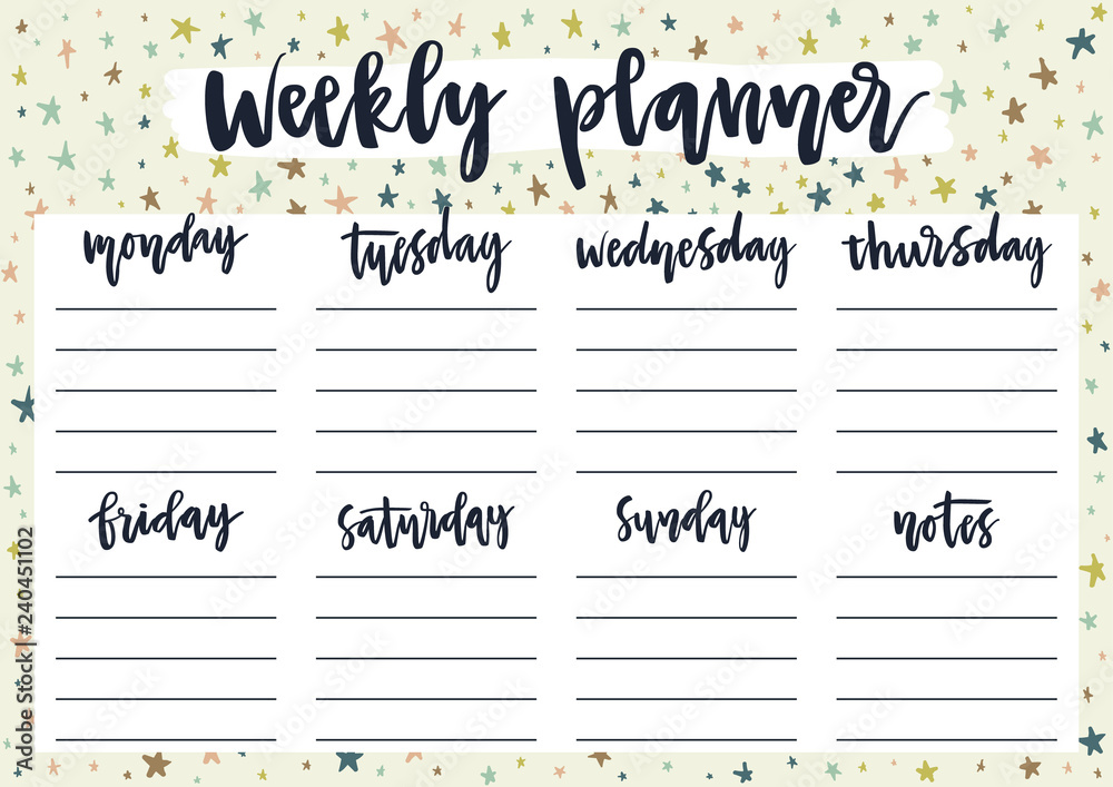 Cute weekly planner for 2019 year on pastel background with stars. A4 ...