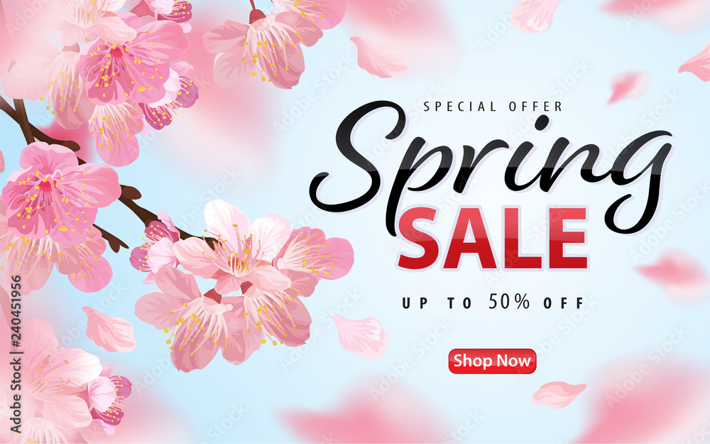 Enjoy spring sale with blooming beautiful cherry blossoms or sakura ...