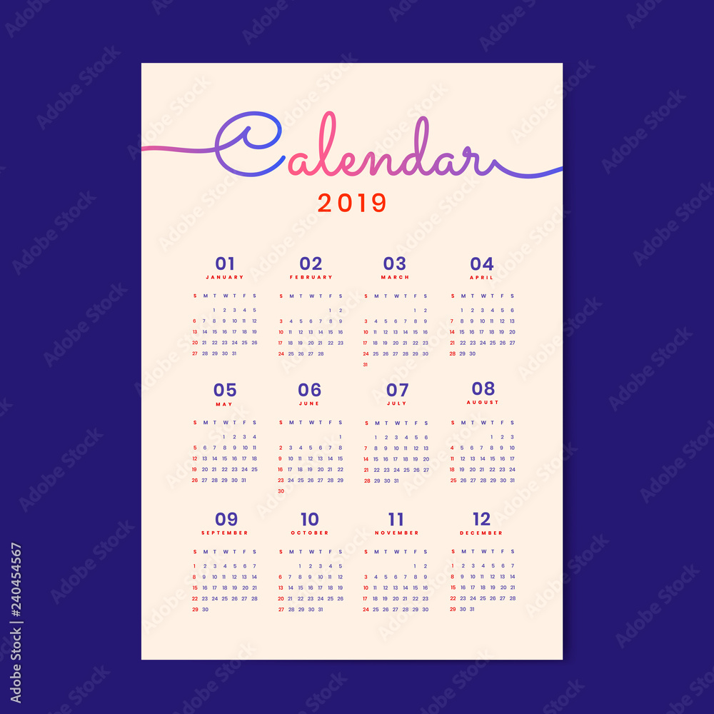 Cursive design calendar mockup Stock Vector | Adobe Stock
