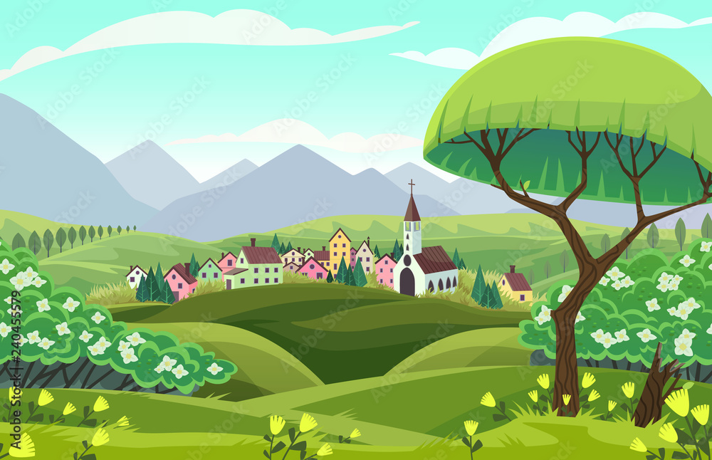 Vector spring landscape. Sight of a village, mountains and fields in ...