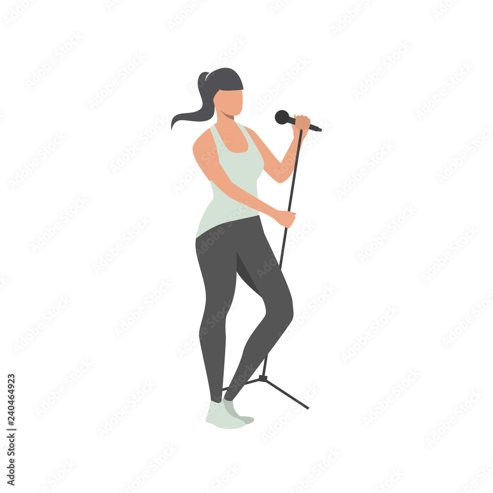 Woman singing with mic flat icon. Singer, performer, microphone stand ...