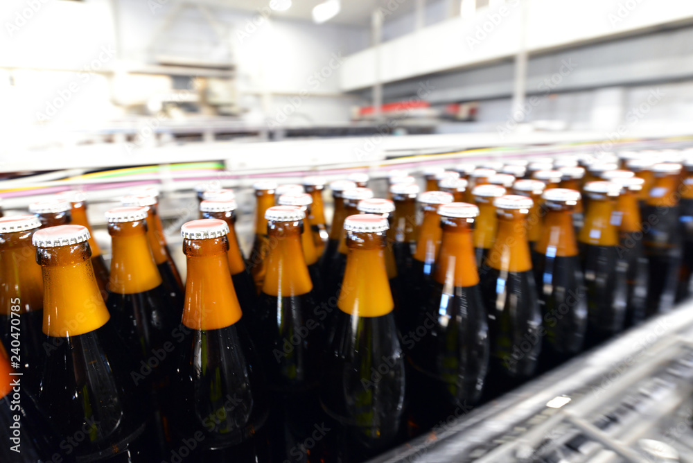 Filling beer bottles on the conveyor belt in a brewery in industrial ...