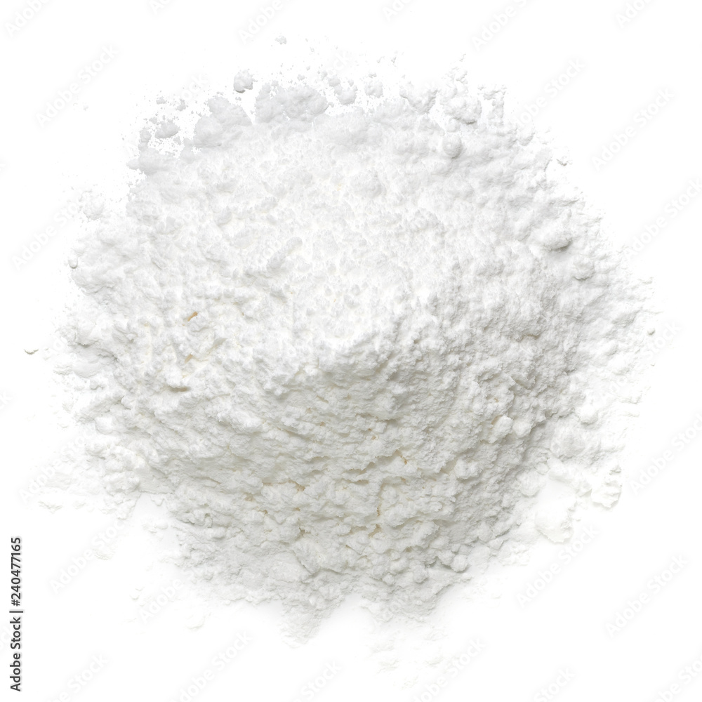 Icing, caster, confectioners or powdered sugar pile from top view ...