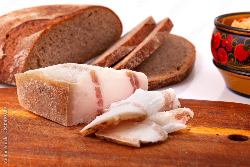 Russian traditional food, bread, salted fat, sliced porkbread, rye ...