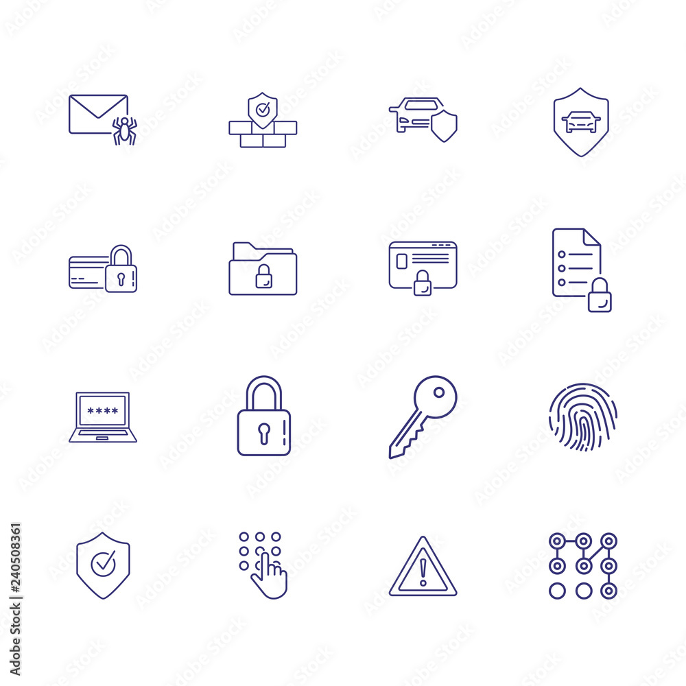 Protected access line icon set. Fingerprint, credit card, computer ...